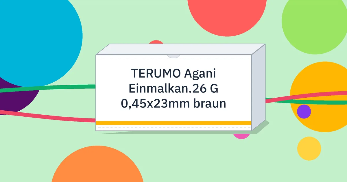 Symbolbild: Packung mit der Aufschrift TERUMO Agani Einmalkan.26 G 0,45x23mm braun (PZN 11609922) – Verfügbarkeit und Bezug in Apotheken in Frankfurt am Main