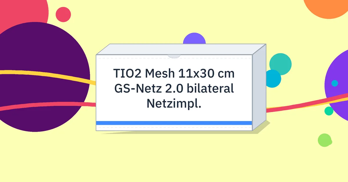 Symbolbild: Packung mit der Aufschrift TIO2 Mesh 11x30 cm GS-Netz 2.0 bilateral Netzimpl. (PZN 19169701) – Verfügbarkeit und Bezug in Apotheken in Frankfurt am Main
