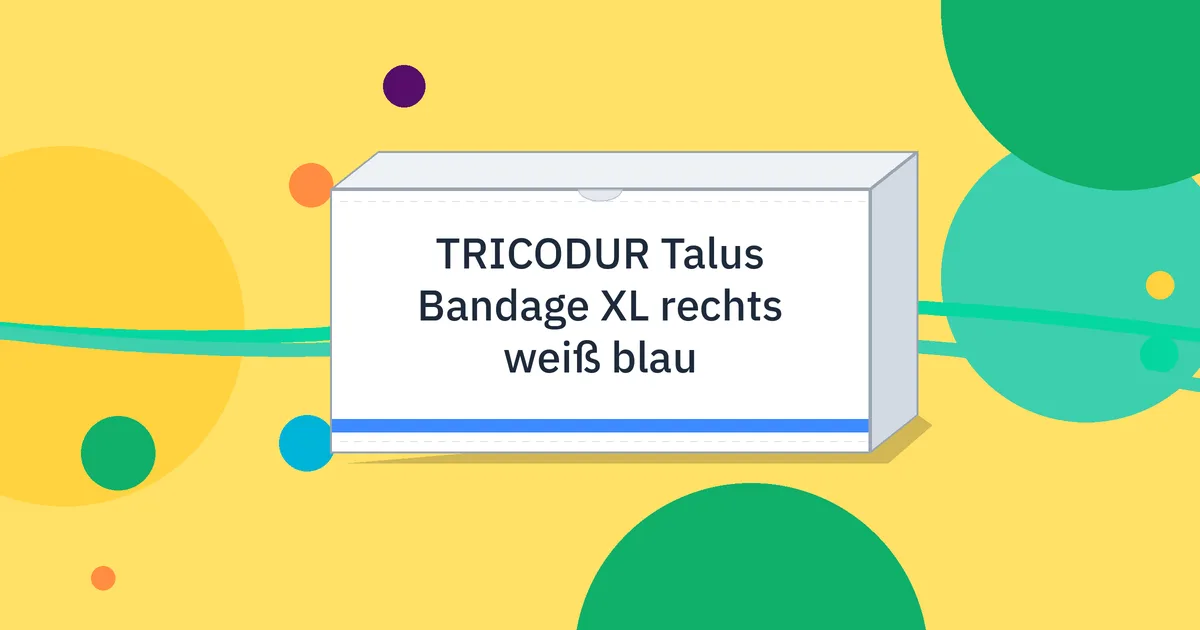 Symbolbild: Packung mit der Aufschrift TRICODUR Talus Bandage XL rechts weiß blau (PZN 03094444) – Verfügbarkeit und Bezug in Apotheken in Frankfurt am Main
