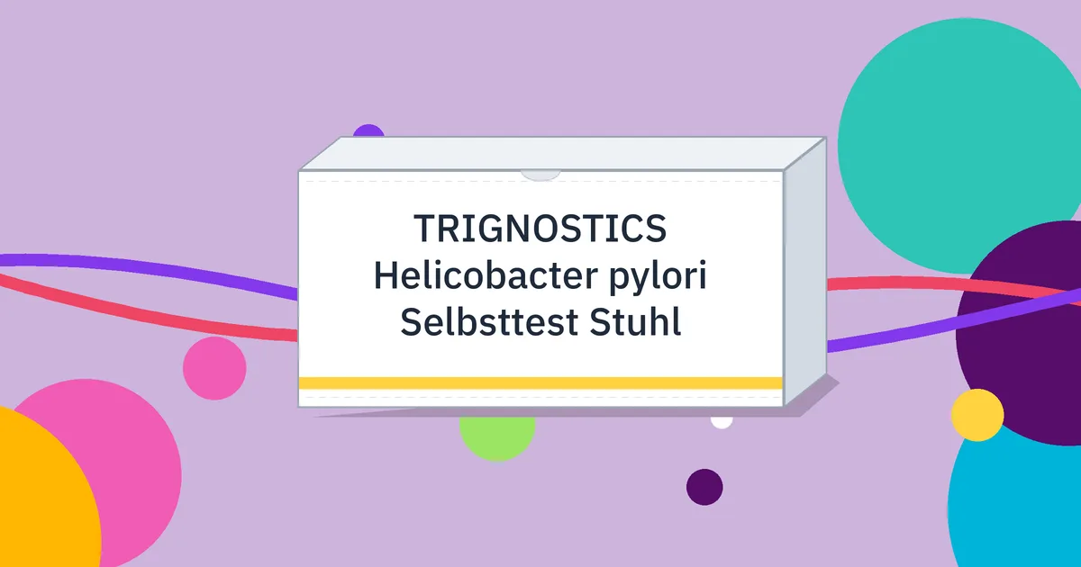 Symbolbild: Packung mit der Aufschrift TRIGNOSTICS Helicobacter pylori Selbsttest Stuhl (PZN 19637527) – Verfügbarkeit und Bezug in Apotheken in Frankfurt am Main