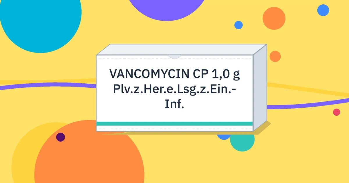 Symbolbild: Packung mit der Aufschrift VANCOMYCIN CP 1,0 g Plv.z.Her.e.Lsg.z.Ein.-Inf. (PZN 06894955) – Verfügbarkeit und Bezug in Apotheken in Frankfurt am Main