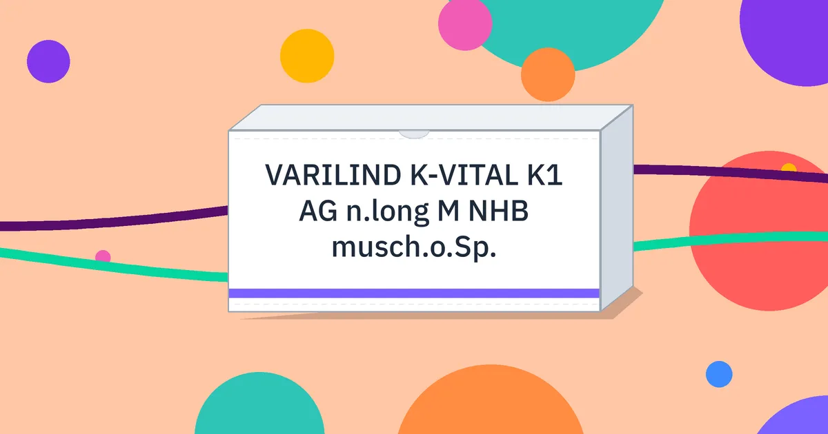 Symbolbild: Packung mit der Aufschrift VARILIND K-VITAL K1 AG n.long M NHB musch.o.Sp. (PZN 20564058) – Verfügbarkeit und Bezug in Apotheken in Frankfurt am Main