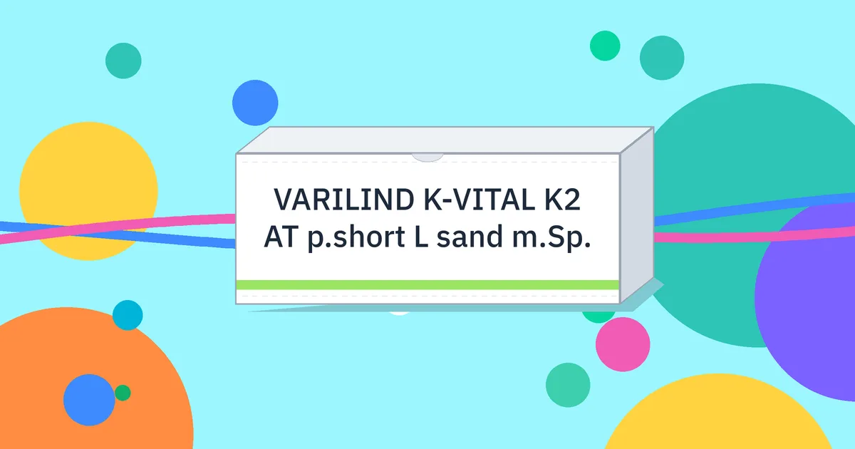 Symbolbild: Packung mit der Aufschrift VARILIND K-VITAL K2 AT p.short L sand m.Sp. (PZN 20561203) – Verfügbarkeit und Bezug in Apotheken in Frankfurt am Main