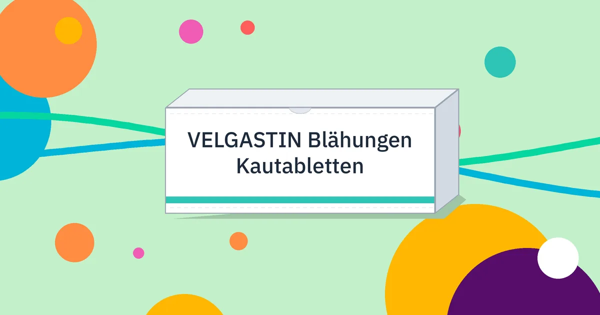 Symbolbild: Packung mit der Aufschrift VELGASTIN Blähungen Kautabletten (PZN 17869742) – Verfügbarkeit und Bezug in Apotheken in Frankfurt am Main