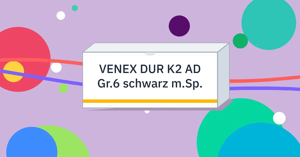 Symbolbild: Packung mit der Aufschrift VENEX DUR K2 AD Gr.6 schwarz m.Sp. (PZN 03210318) – Verfügbarkeit und Bezug in Apotheken in Frankfurt am Main