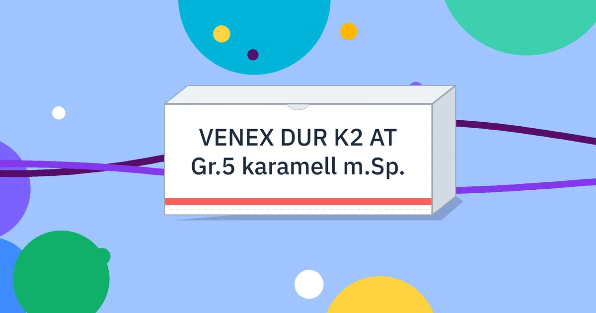 Symbolbild: Packung mit der Aufschrift VENEX DUR K2 AT Gr.5 karamell m.Sp. (PZN 13757928) – Verfügbarkeit und Bezug in Apotheken in Frankfurt am Main