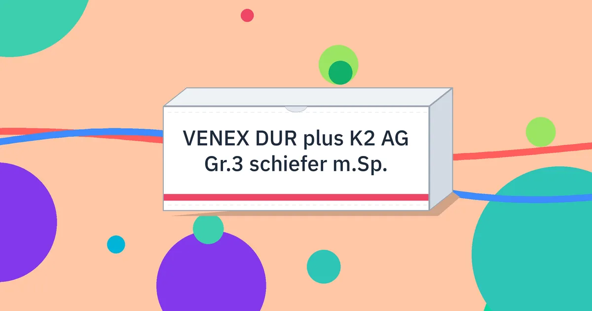 Symbolbild: Packung mit der Aufschrift VENEX DUR plus K2 AG Gr.3 schiefer m.Sp. (PZN 03235382) – Verfügbarkeit und Bezug in Apotheken in Frankfurt am Main