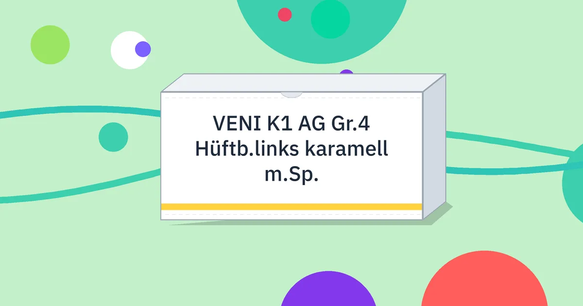 Symbolbild: Packung mit der Aufschrift VENI K1 AG Gr.4 Hüftb.links karamell m.Sp. (PZN 13760184) – Verfügbarkeit und Bezug in Apotheken in Frankfurt am Main