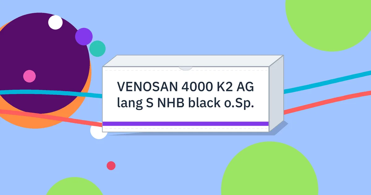 Symbolbild: Packung mit der Aufschrift VENOSAN 4000 K2 AG lang S NHB black o.Sp. (PZN 14427742) – Verfügbarkeit und Bezug in Apotheken in Frankfurt am Main
