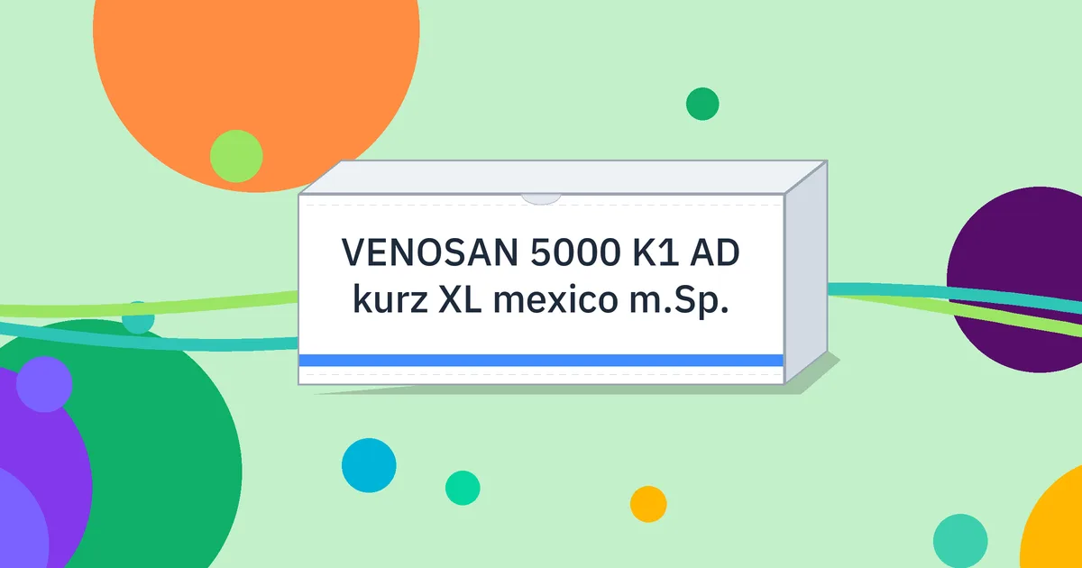 Symbolbild: Packung mit der Aufschrift VENOSAN 5000 K1 AD kurz XL mexico m.Sp. (PZN 14429244) – Verfügbarkeit und Bezug in Apotheken in Frankfurt am Main