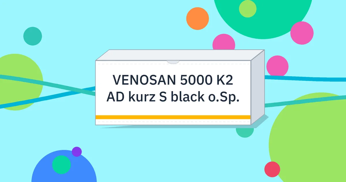 Symbolbild: Packung mit der Aufschrift VENOSAN 5000 K2 AD kurz S black o.Sp. (PZN 14433174) – Verfügbarkeit und Bezug in Apotheken in Frankfurt am Main