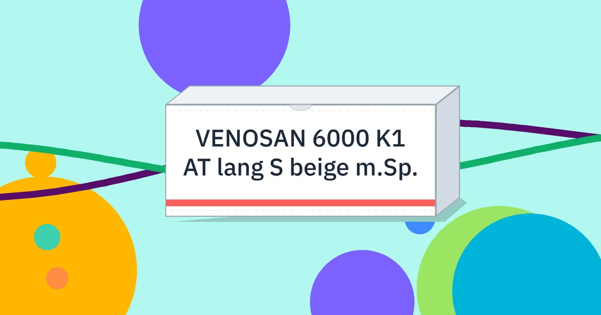 Symbolbild: Packung mit der Aufschrift VENOSAN 6000 K1 AT lang S beige m.Sp. (PZN 17171912) – Verfügbarkeit und Bezug in Apotheken in Frankfurt am Main