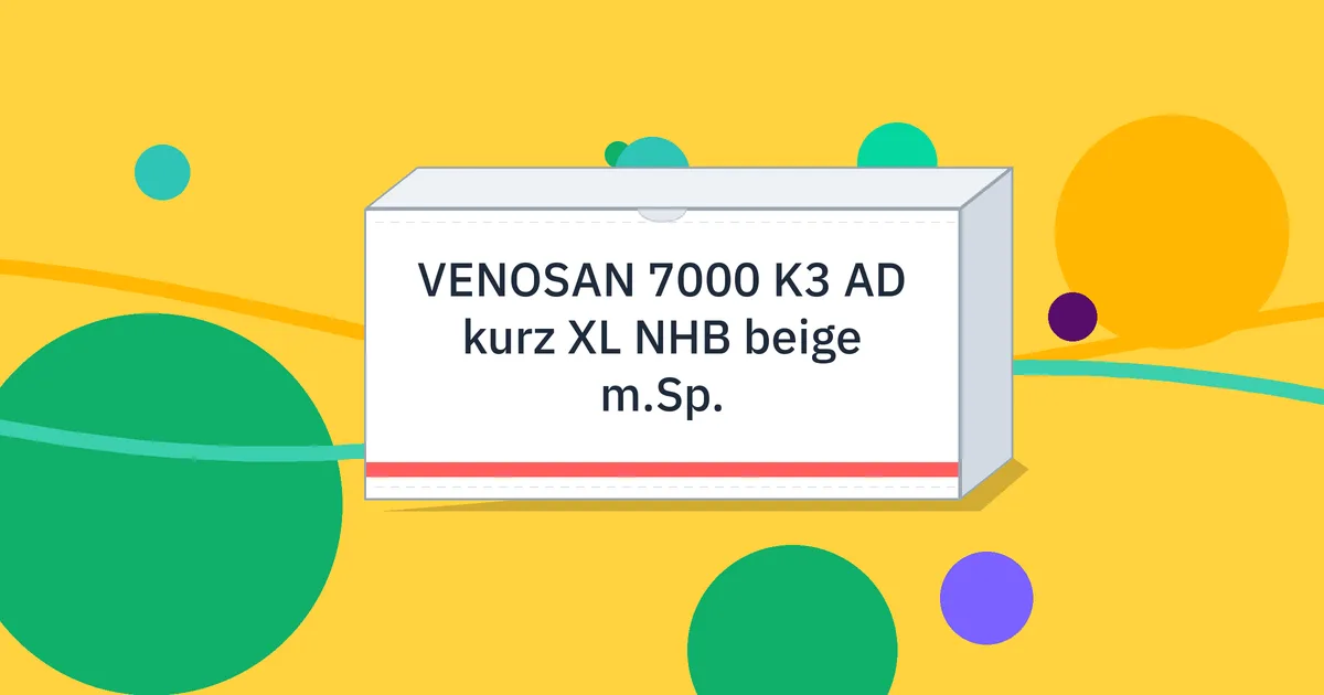 Symbolbild: Packung mit der Aufschrift VENOSAN 7000 K3 AD kurz XL NHB beige m.Sp. (PZN 14435316) – Verfügbarkeit und Bezug in Apotheken in Frankfurt am Main