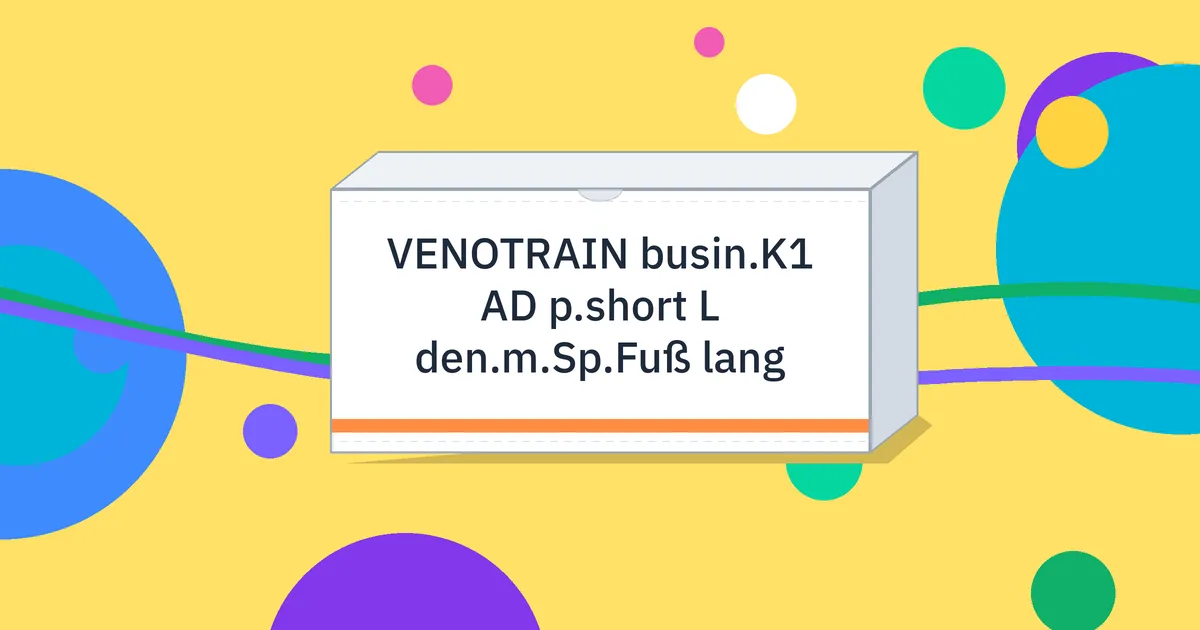 Symbolbild: Packung mit der Aufschrift VENOTRAIN busin.K1 AD p.short L den.m.Sp.Fuß lang (PZN 19056670) – Verfügbarkeit und Bezug in Apotheken in Frankfurt am Main
