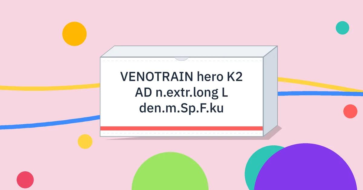Symbolbild: Packung mit der Aufschrift VENOTRAIN hero K2 AD n.extr.long L den.m.Sp.F.ku (PZN 19190842) – Verfügbarkeit und Bezug in Apotheken in Frankfurt am Main