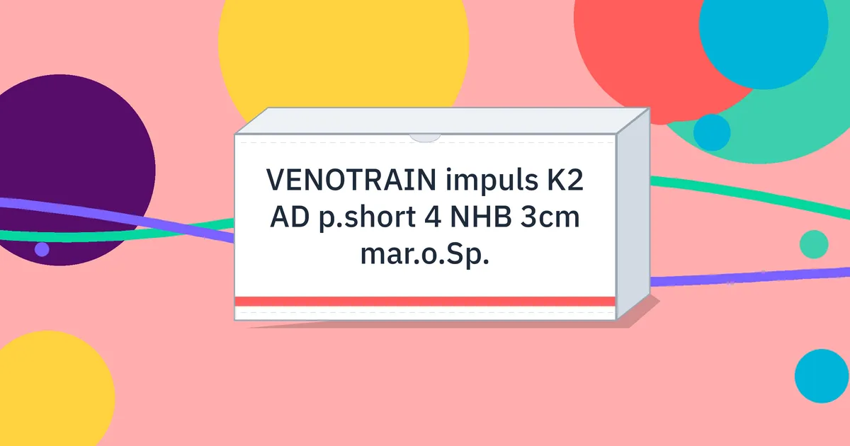 Symbolbild: Packung mit der Aufschrift VENOTRAIN impuls K2 AD p.short 4 NHB 3cm mar.o.Sp. (PZN 15223912) – Verfügbarkeit und Bezug in Apotheken in Frankfurt am Main