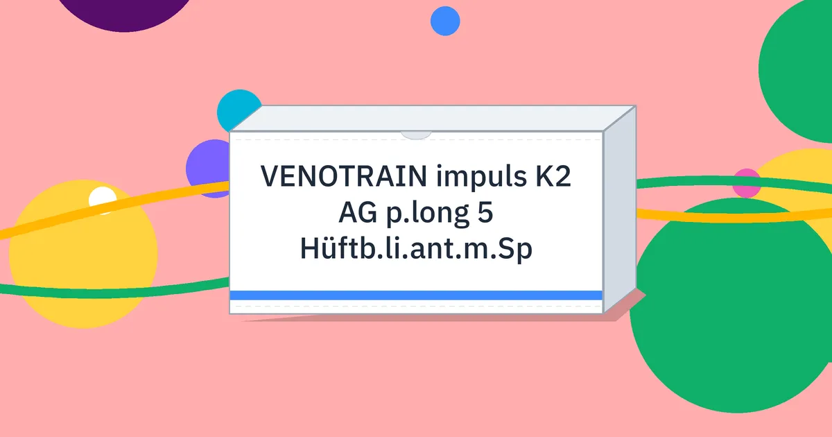 Symbolbild: Packung mit der Aufschrift VENOTRAIN impuls K2 AG p.long 5 Hüftb.li.ant.m.Sp (PZN 15219566) – Verfügbarkeit und Bezug in Apotheken in Frankfurt am Main
