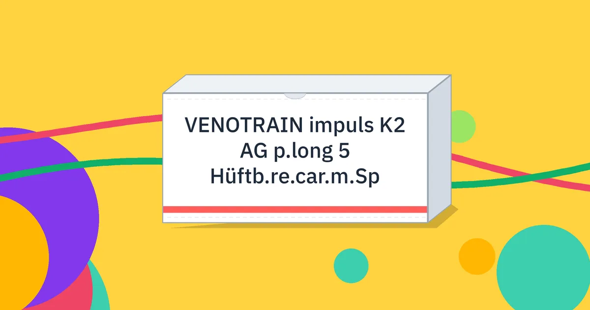 Symbolbild: Packung mit der Aufschrift VENOTRAIN impuls K2 AG p.long 5 Hüftb.re.car.m.Sp (PZN 10292883) – Verfügbarkeit und Bezug in Apotheken in Frankfurt am Main