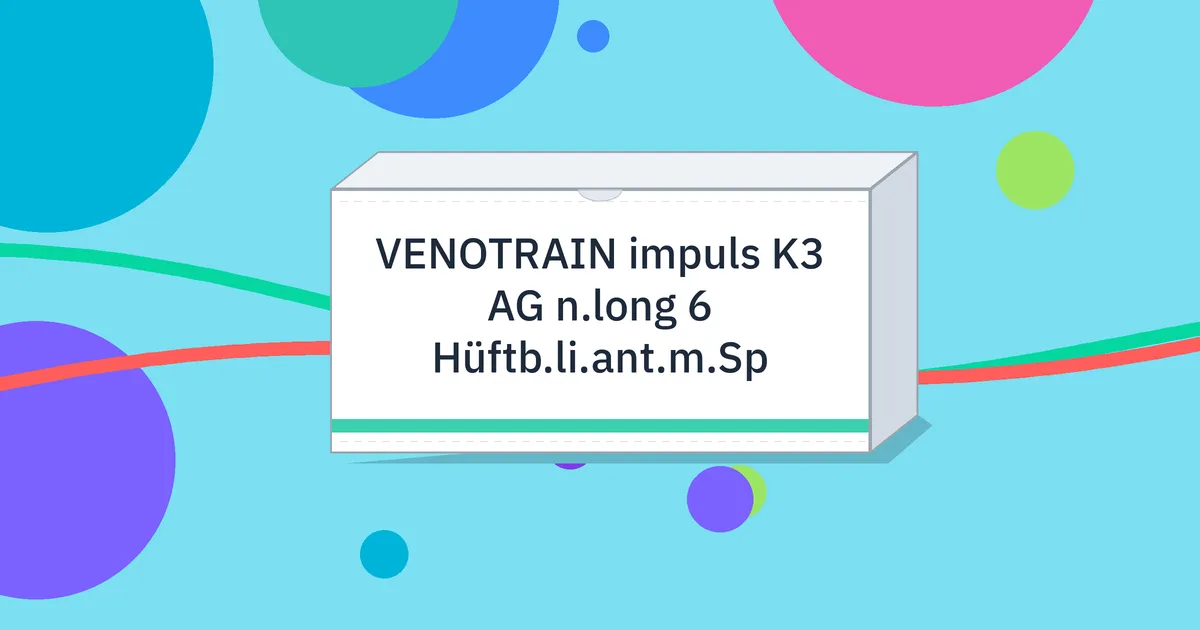 Symbolbild: Packung mit der Aufschrift VENOTRAIN impuls K3 AG n.long 6 Hüftb.li.ant.m.Sp (PZN 15220612) – Verfügbarkeit und Bezug in Apotheken in Frankfurt am Main