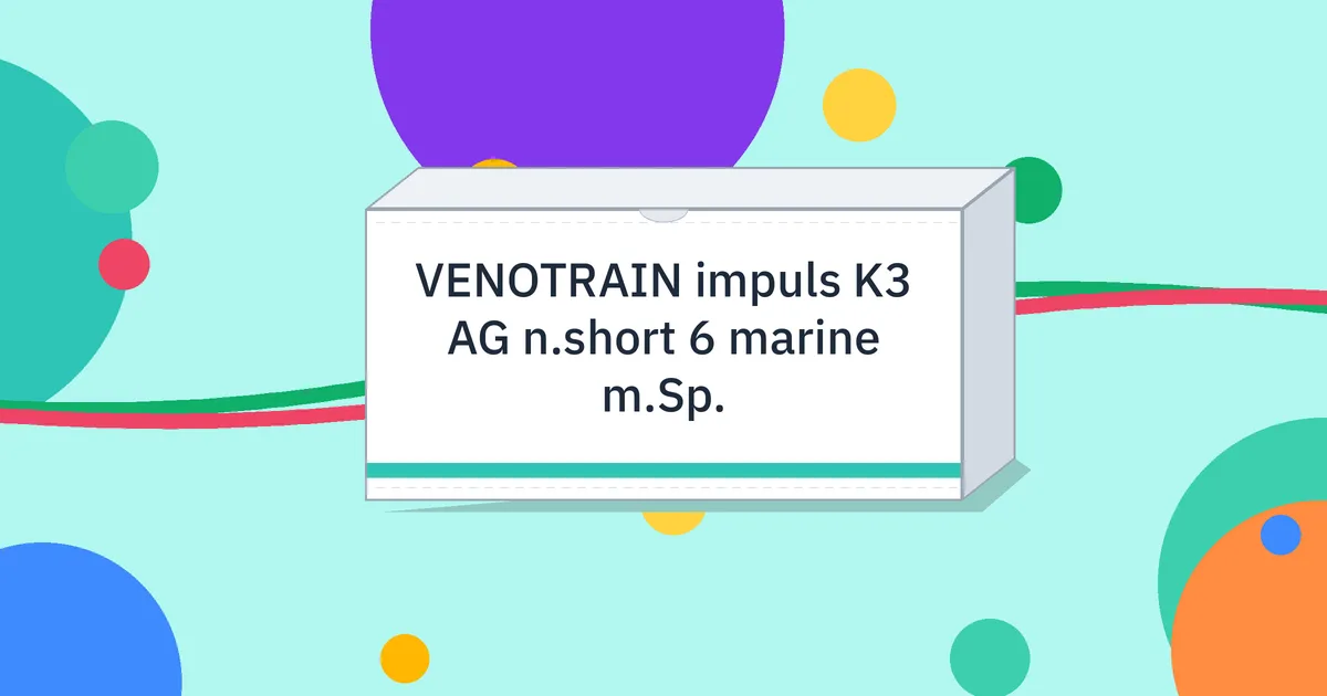 Symbolbild: Packung mit der Aufschrift VENOTRAIN impuls K3 AG n.short 6 marine m.Sp. (PZN 15212883) – Verfügbarkeit und Bezug in Apotheken in Frankfurt am Main