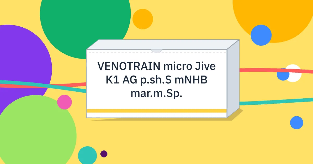 Symbolbild: Packung mit der Aufschrift VENOTRAIN micro Jive K1 AG p.sh.S mNHB mar.m.Sp. (PZN 17761861) – Verfügbarkeit und Bezug in Apotheken in Frankfurt am Main