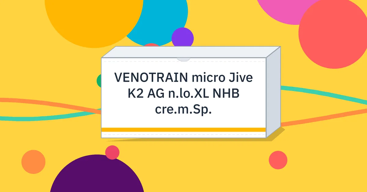 Symbolbild: Packung mit der Aufschrift VENOTRAIN micro Jive K2 AG n.lo.XL NHB cre.m.Sp. (PZN 17763593) – Verfügbarkeit und Bezug in Apotheken in Frankfurt am Main