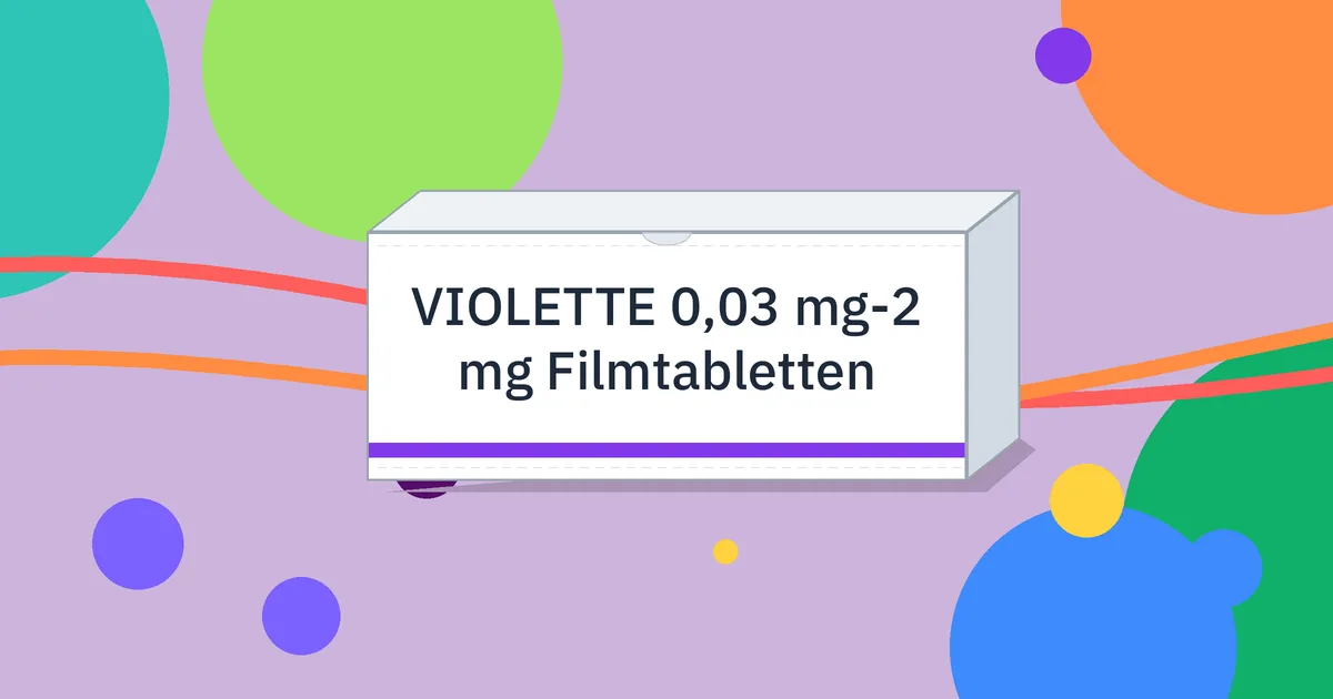 Symbolbild: Packung mit der Aufschrift VIOLETTE 0,03 mg-2 mg Filmtabletten (PZN 09638856) – Verfügbarkeit und Bezug in Apotheken in Frankfurt am Main