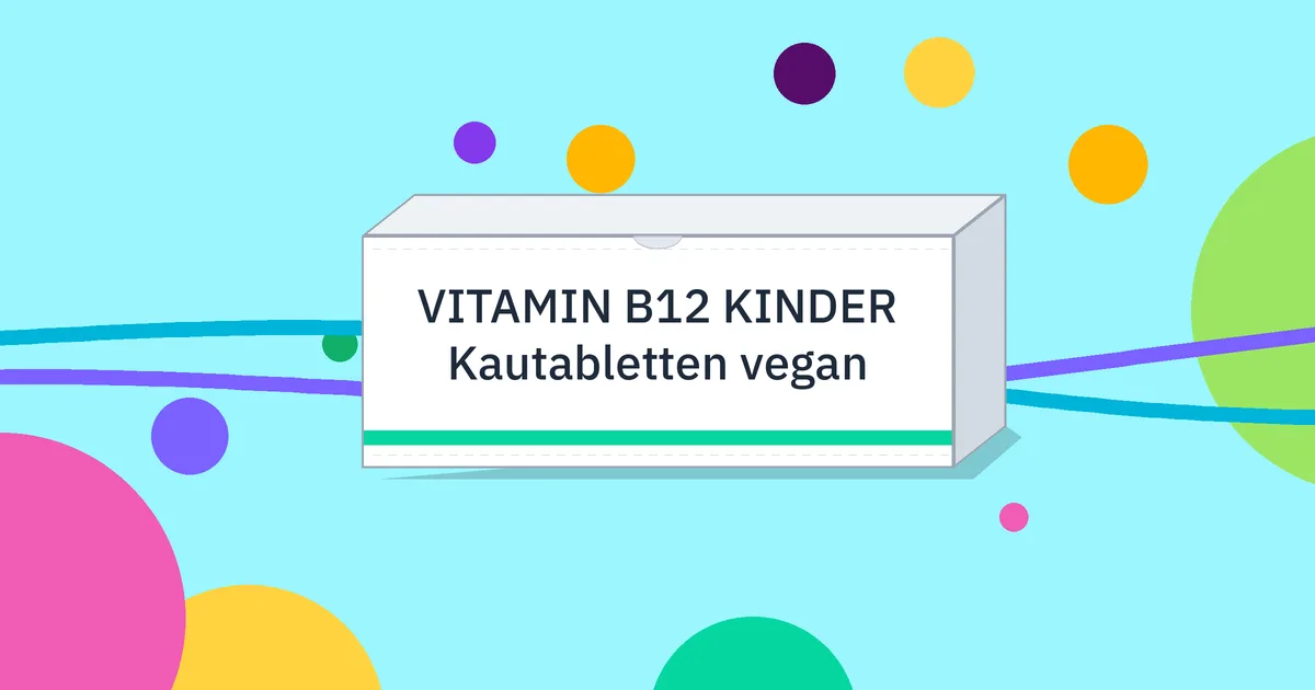 Symbolbild: Packung mit der Aufschrift VITAMIN B12 KINDER Kautabletten vegan (PZN 14854303) – Verfügbarkeit und Bezug in Apotheken in Frankfurt am Main