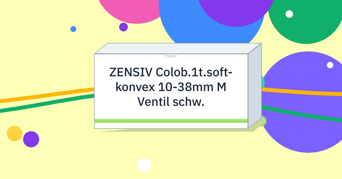 Symbolbild: Packung mit der Aufschrift ZENSIV Colob.1t.soft-konvex 10-38mm M Ventil schw. (PZN 19436711) – Verfügbarkeit und Bezug in Apotheken in Frankfurt am Main