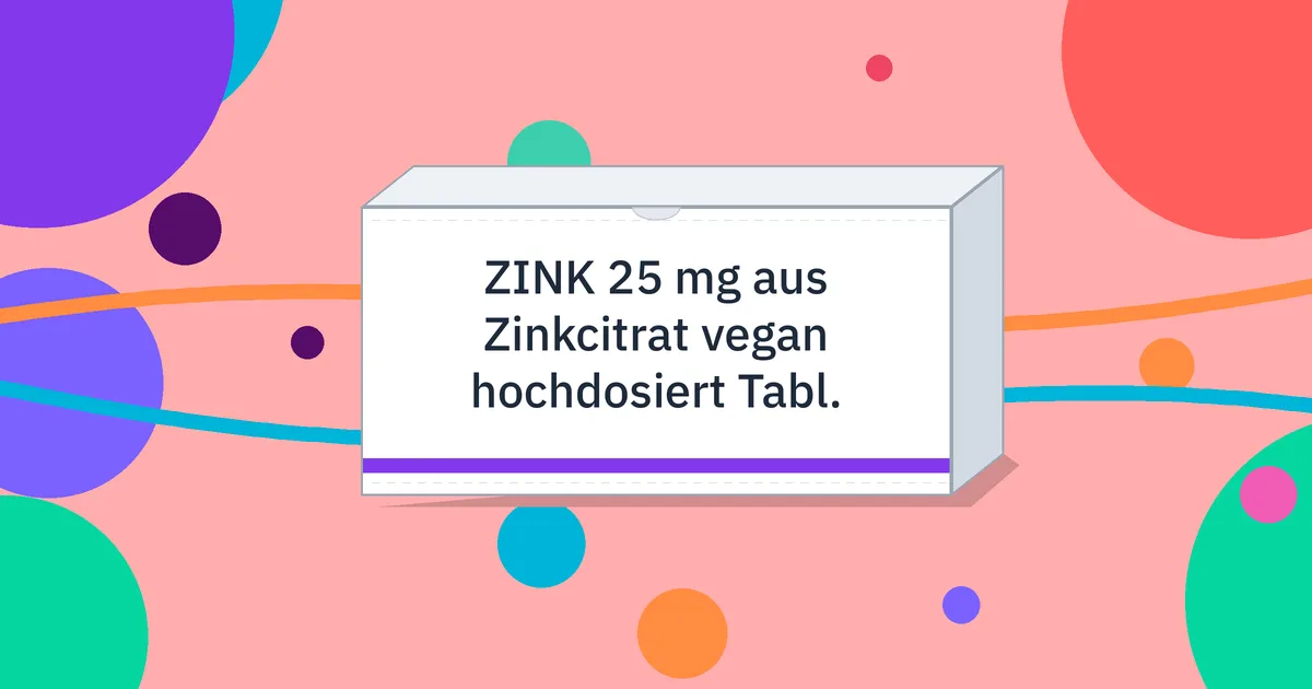 Symbolbild: Packung mit der Aufschrift ZINK 25 mg aus Zinkcitrat vegan hochdosiert Tabl. (PZN 18237352) – Verfügbarkeit und Bezug in Apotheken in Frankfurt am Main