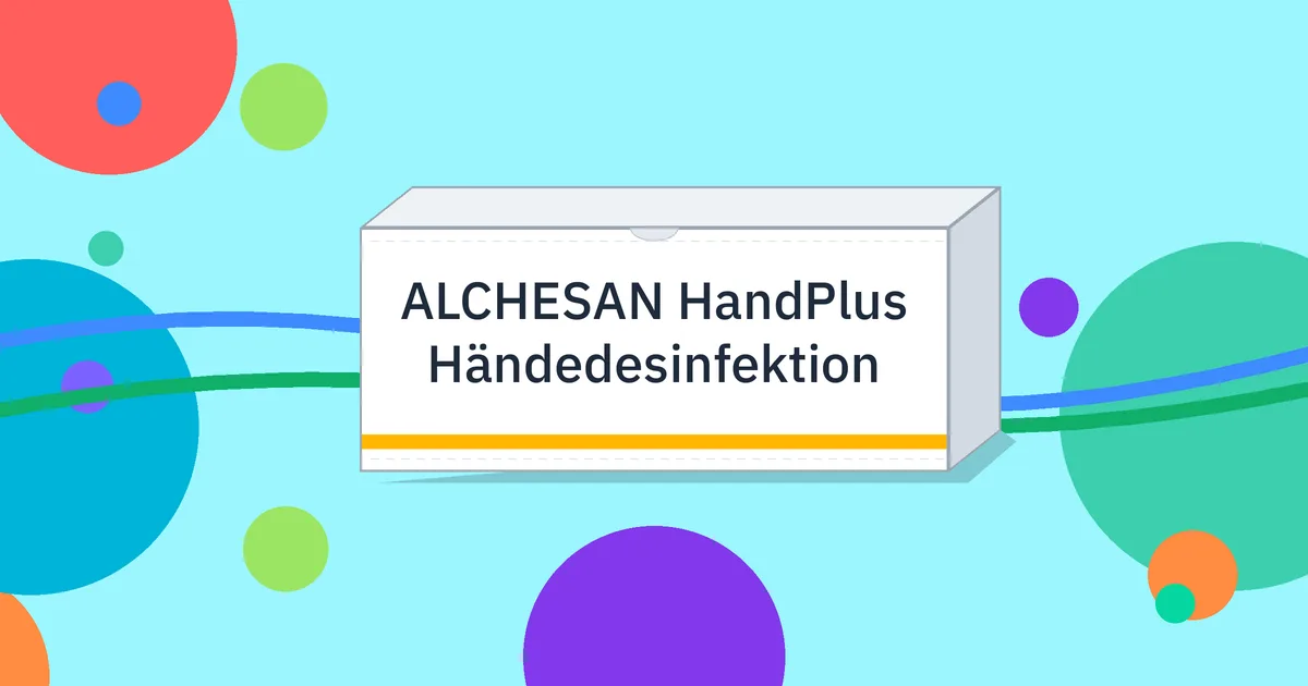 Symbolbild: Packung mit der Aufschrift ALCHESAN HandPlus Händedesinfektion (PZN 18059057) – Verfügbarkeit und Bezug in Apotheken in Frankfurt am Main