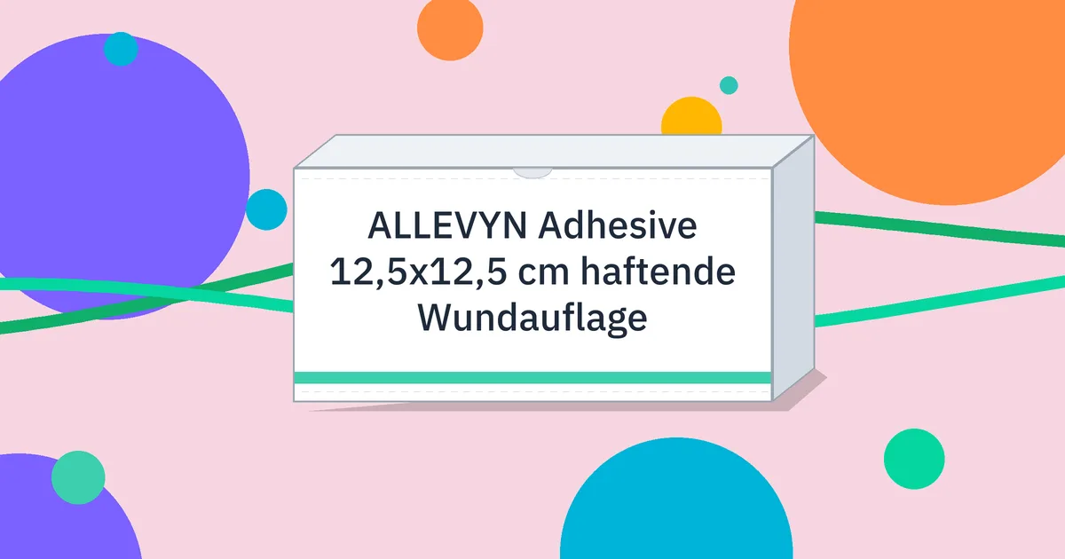 Symbolbild: Packung mit der Aufschrift ALLEVYN Adhesive 12,5x12,5 cm haftende Wundauflage (PZN 00678972) – Verfügbarkeit und Bezug in Apotheken in Frankfurt am Main