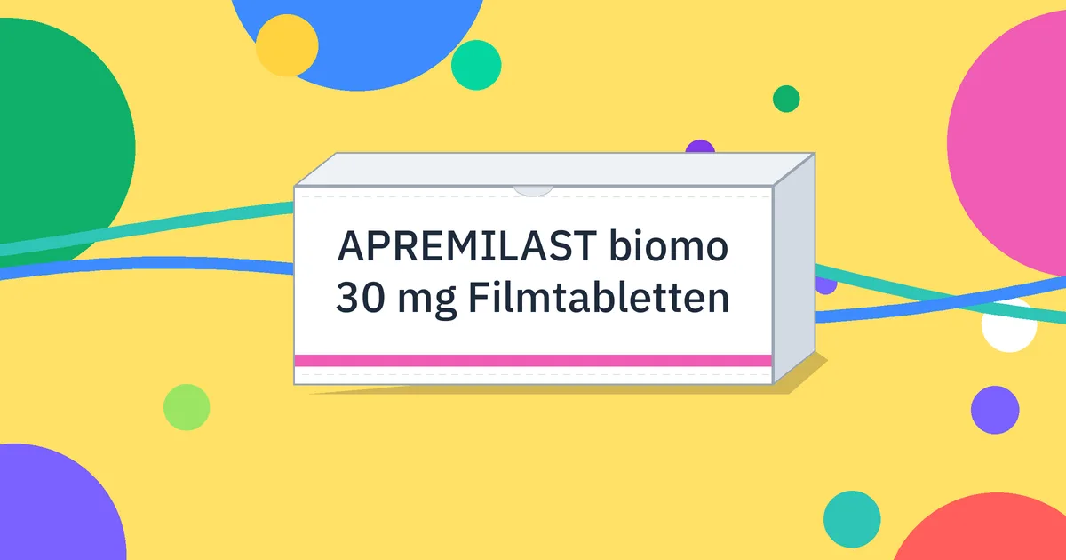 Symbolbild: Packung mit der Aufschrift APREMILAST biomo 30 mg Filmtabletten (PZN 19391121) – Verfügbarkeit und Bezug in Apotheken in Frankfurt am Main