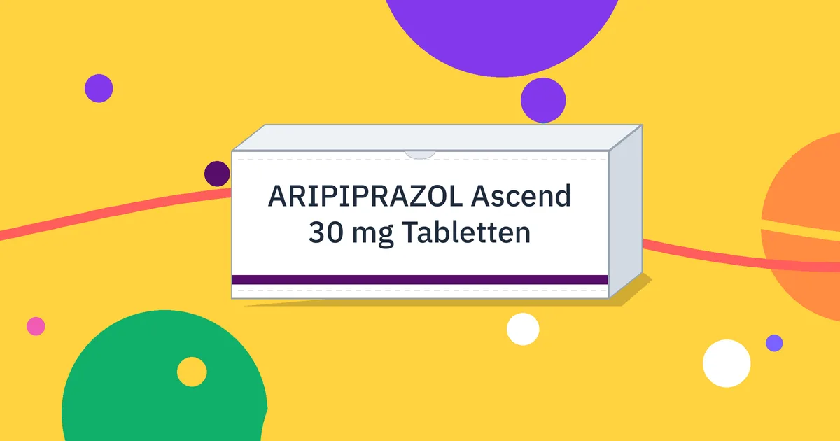 Symbolbild: Packung mit der Aufschrift ARIPIPRAZOL Ascend 30 mg Tabletten (PZN 18425639) – Verfügbarkeit und Bezug in Apotheken in Frankfurt am Main
