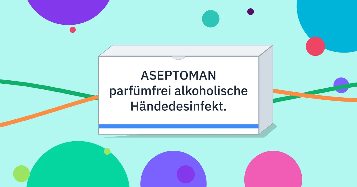 Symbolbild: Packung mit der Aufschrift ASEPTOMAN parfümfrei alkoholische Händedesinfekt. (PZN 13568216) – Verfügbarkeit und Bezug in Apotheken in Frankfurt am Main