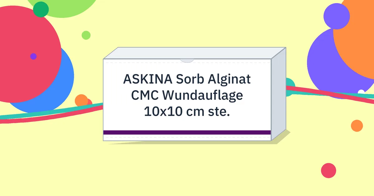 Symbolbild: Packung mit der Aufschrift ASKINA Sorb Alginat CMC Wundauflage 10x10 cm ste. (PZN 02251657) – Verfügbarkeit und Bezug in Apotheken in Frankfurt am Main