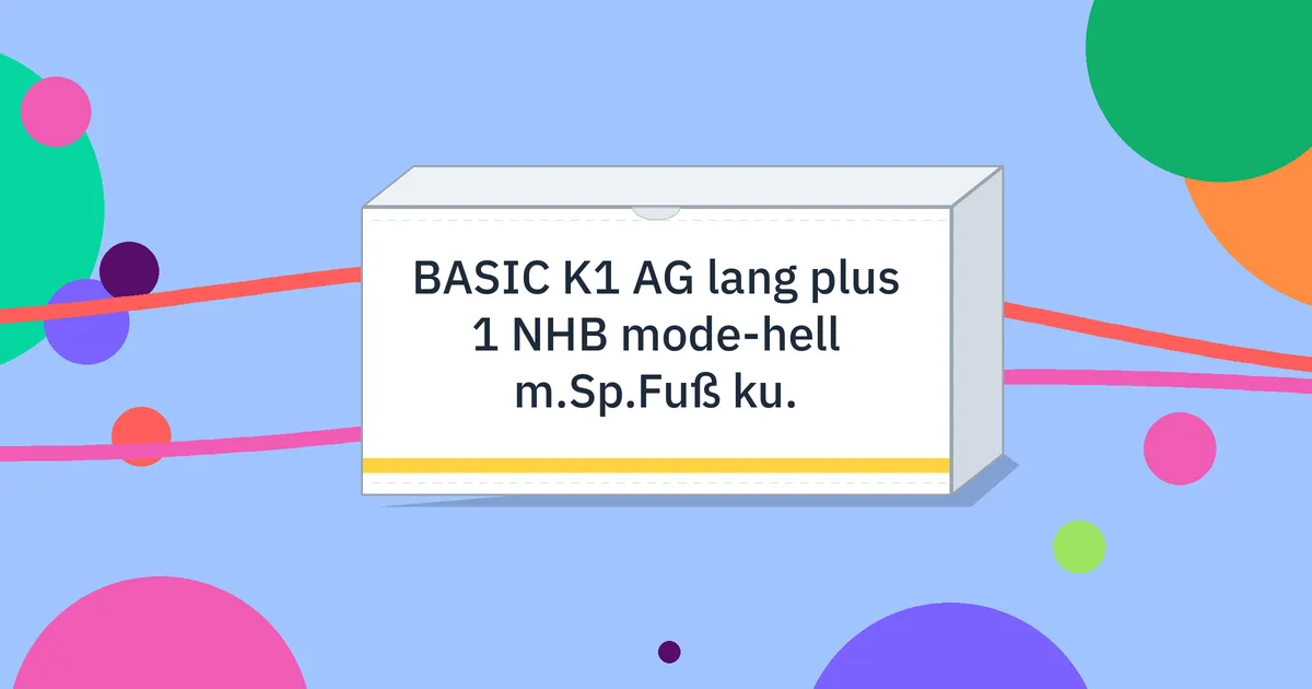Symbolbild: Packung mit der Aufschrift BASIC K1 AG lang plus 1 NHB mode-hell m.Sp.Fuß ku. (PZN 20259697) – Verfügbarkeit und Bezug in Apotheken in Frankfurt am Main