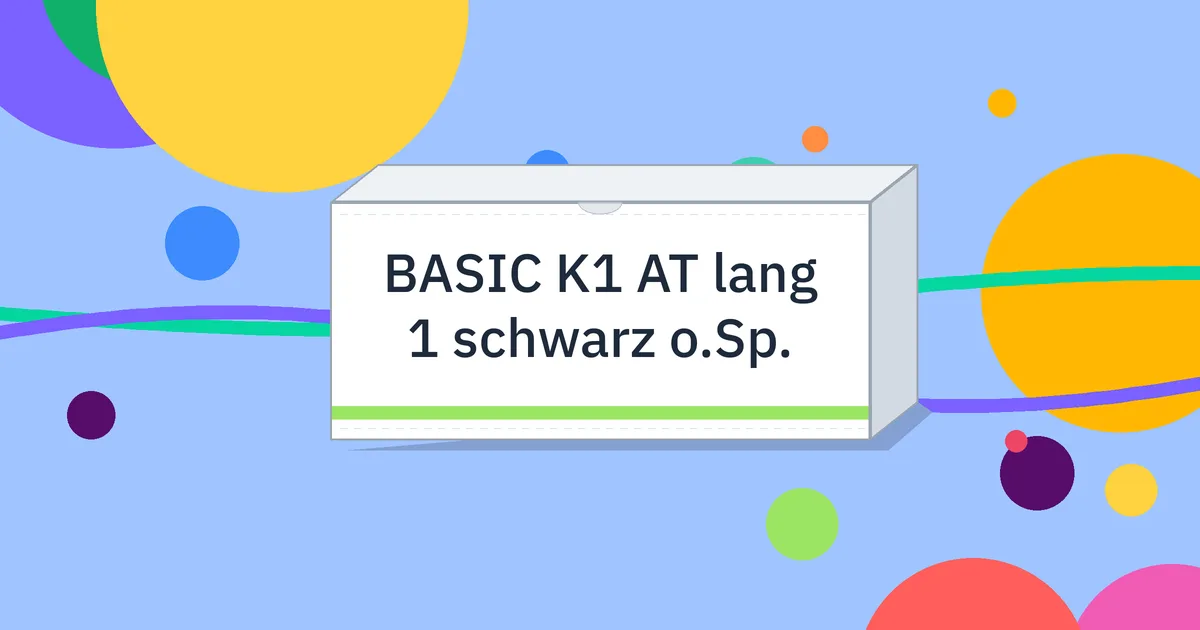 Symbolbild: Packung mit der Aufschrift BASIC K1 AT lang 1 schwarz o.Sp. (PZN 20262067) – Verfügbarkeit und Bezug in Apotheken in Frankfurt am Main