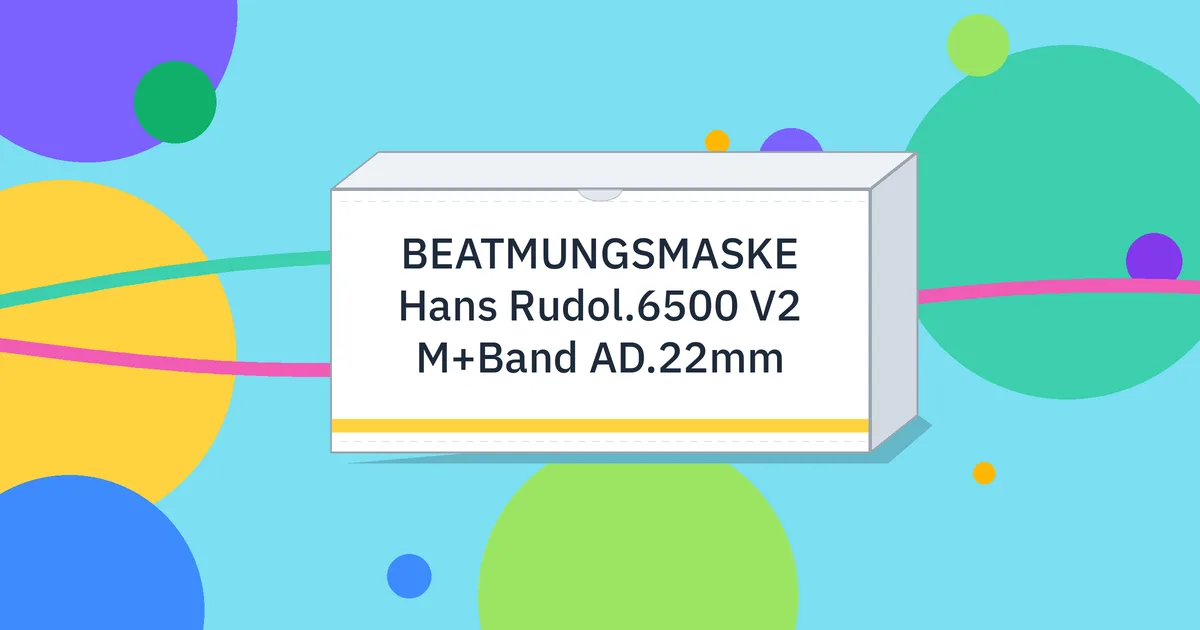 Symbolbild: Packung mit der Aufschrift BEATMUNGSMASKE Hans Rudol.6500 V2 M+Band AD.22mm (PZN 17303325) – Verfügbarkeit und Bezug in Apotheken in Frankfurt am Main