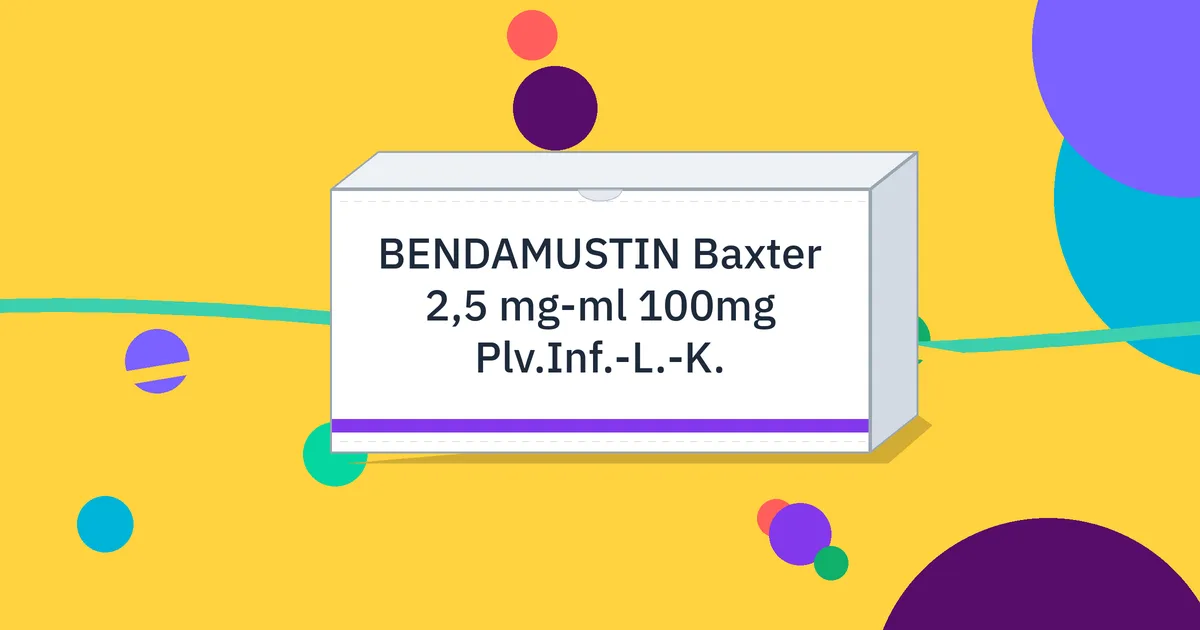 Symbolbild: Packung mit der Aufschrift BENDAMUSTIN Baxter 2,5 mg-ml 100mg Plv.Inf.-L.-K. (PZN 16739397) – Verfügbarkeit und Bezug in Apotheken in Frankfurt am Main