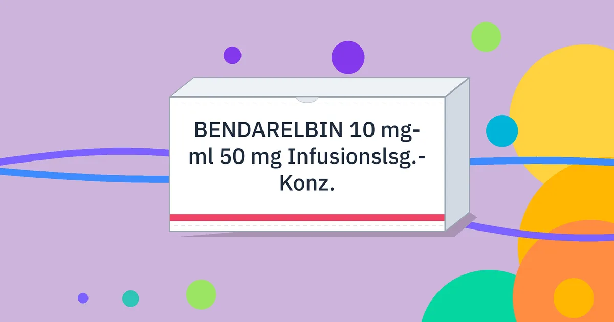 Symbolbild: Packung mit der Aufschrift BENDARELBIN 10 mg-ml 50 mg Infusionslsg.-Konz. (PZN 07332863) – Verfügbarkeit und Bezug in Apotheken in Frankfurt am Main