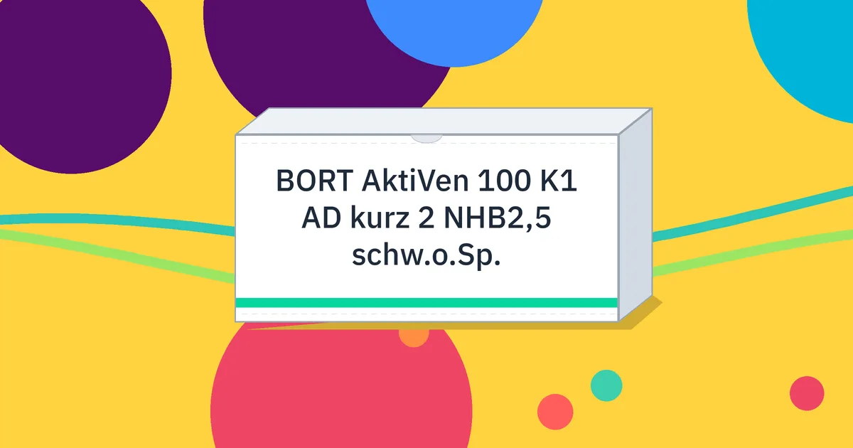 Symbolbild: Packung mit der Aufschrift BORT AktiVen 100 K1 AD kurz 2 NHB2,5 schw.o.Sp. (PZN 17502036) – Verfügbarkeit und Bezug in Apotheken in Frankfurt am Main