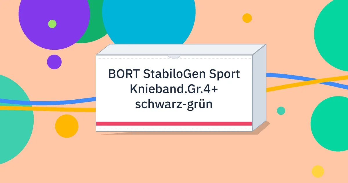Symbolbild: Packung mit der Aufschrift BORT StabiloGen Sport Knieband.Gr.4+ schwarz-grün (PZN 16846615) – Verfügbarkeit und Bezug in Apotheken in Frankfurt am Main