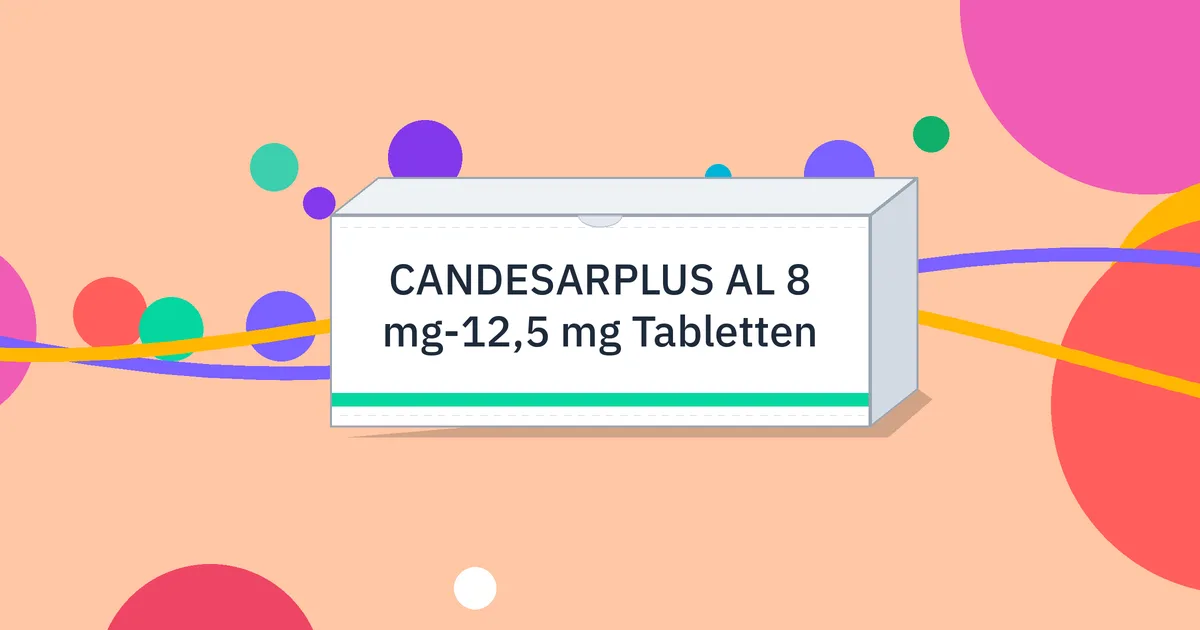 Symbolbild: Packung mit der Aufschrift CANDESARPLUS AL 8 mg-12,5 mg Tabletten (PZN 09297645) – Verfügbarkeit und Bezug in Apotheken in Frankfurt am Main