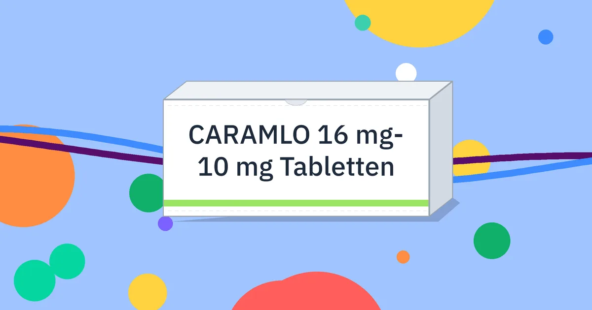 Symbolbild: Packung mit der Aufschrift CARAMLO 16 mg-10 mg Tabletten (PZN 15656290) – Verfügbarkeit und Bezug in Apotheken in Frankfurt am Main