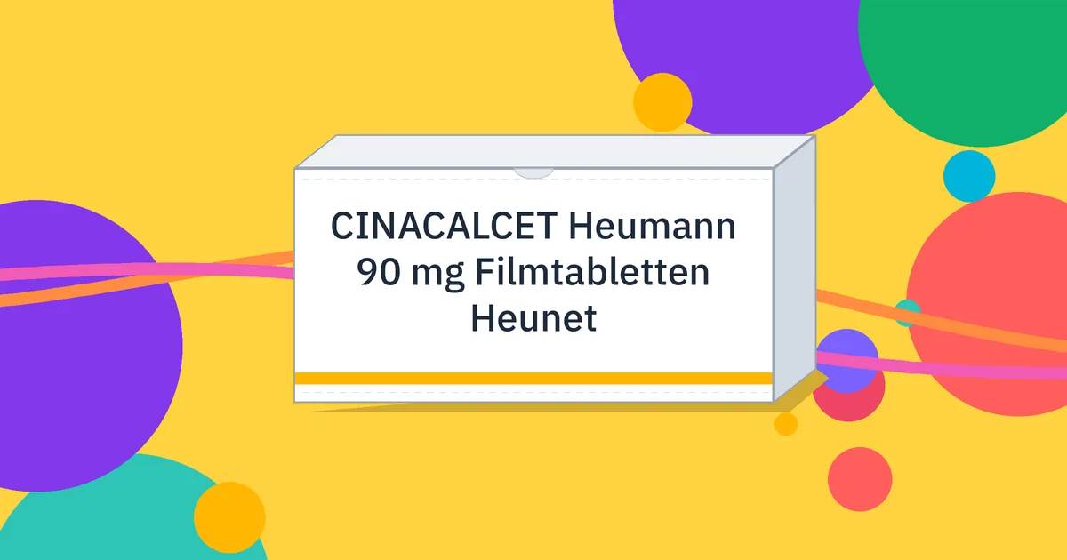 Symbolbild: Packung mit der Aufschrift CINACALCET Heumann 90 mg Filmtabletten Heunet (PZN 18265615) – Verfügbarkeit und Bezug in Apotheken in Frankfurt am Main