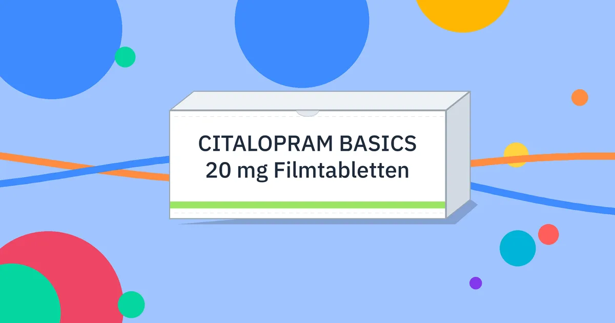 Symbolbild: Packung mit der Aufschrift CITALOPRAM BASICS 20 mg Filmtabletten (PZN 04082319) – Verfügbarkeit und Bezug in Apotheken in Frankfurt am Main