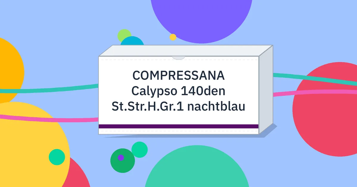 Symbolbild: Packung mit der Aufschrift COMPRESSANA Calypso 140den St.Str.H.Gr.1 nachtblau (PZN 11217814) – Verfügbarkeit und Bezug in Apotheken in Frankfurt am Main