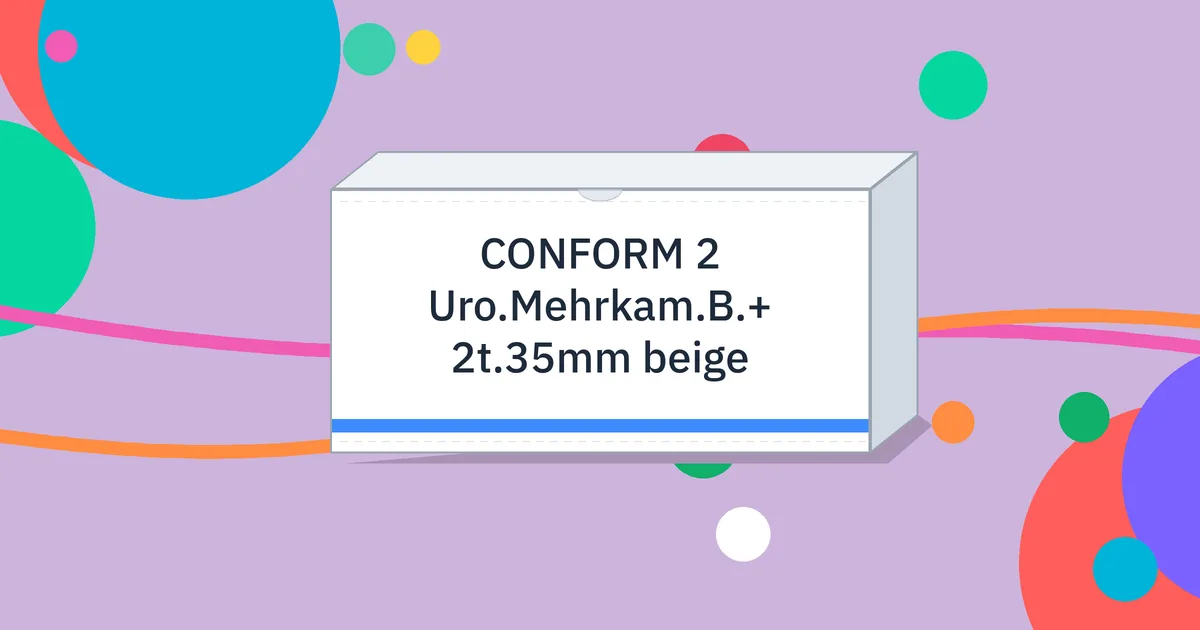 Symbolbild: Packung mit der Aufschrift CONFORM 2 Uro.Mehrkam.B.+ 2t.35mm beige (PZN 10812584) – Verfügbarkeit und Bezug in Apotheken in Frankfurt am Main