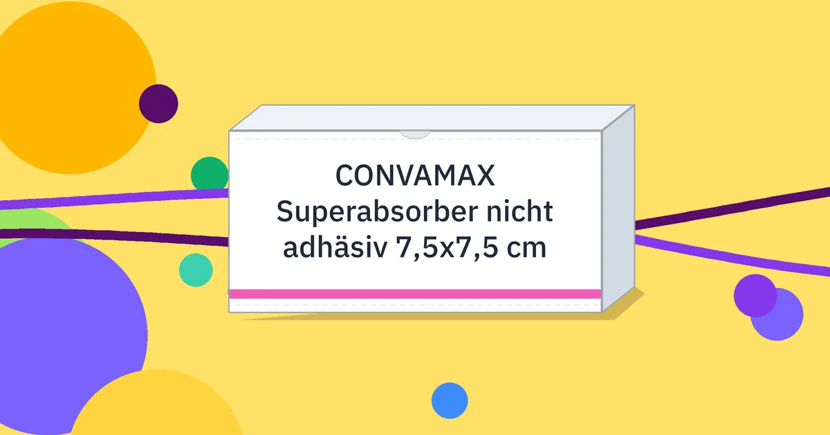 Symbolbild: Packung mit der Aufschrift CONVAMAX Superabsorber nicht adhäsiv 7,5x7,5 cm (PZN 20123791) – Verfügbarkeit und Bezug in Apotheken in Frankfurt am Main